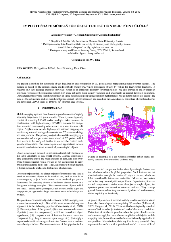 Pdf Implicit Shape Models For Object Detection In 3d Point Clouds A Velizhev And Konrad