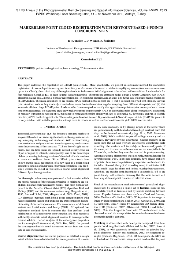 (PDF) Markerless Point Cloud Registration with Keypoint-based 4-Points Congruent Sets