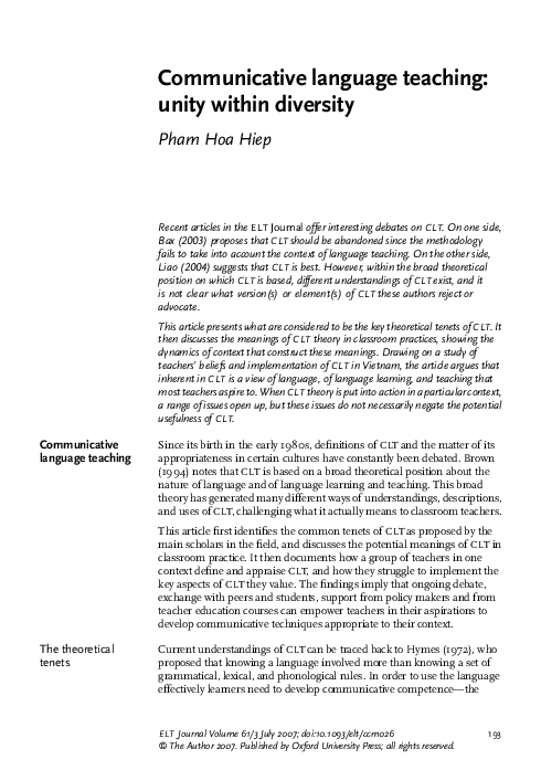 (PDF) Communicative language teaching: Unity within diversity