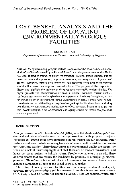 (PDF) Cost-benefit analysis and the problem of locating environmentally noxious facilities