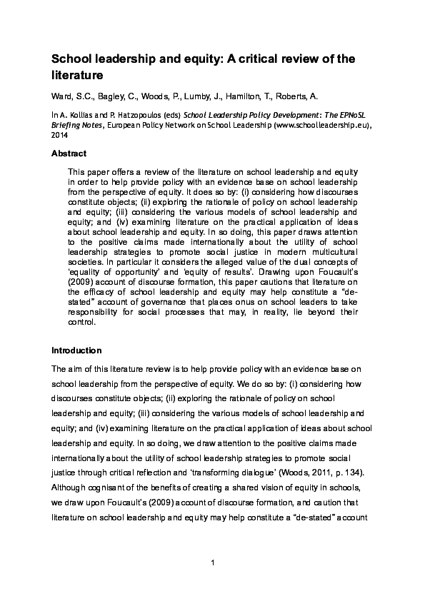 (PDF) School Leadership and Equity: A Critical Review of the Literature