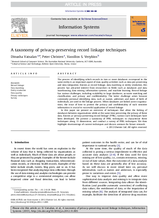 (PDF) A taxonomy of privacy-preserving record linkage techniques