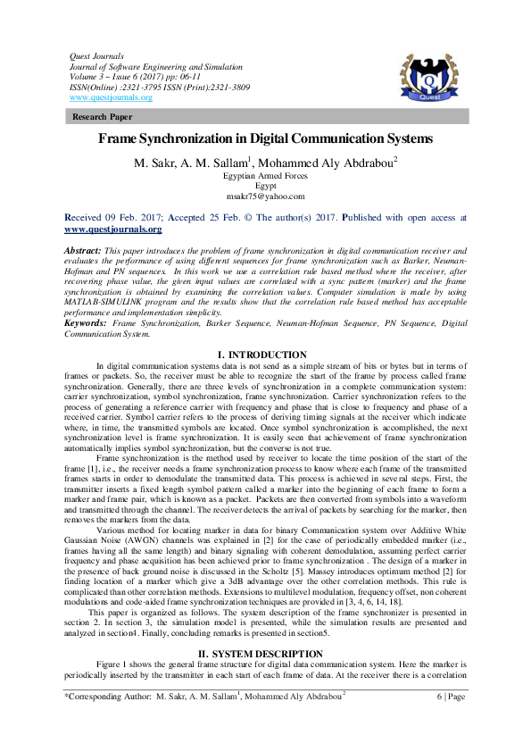 Pdf Frame Synchronization In Digital Communication Systems