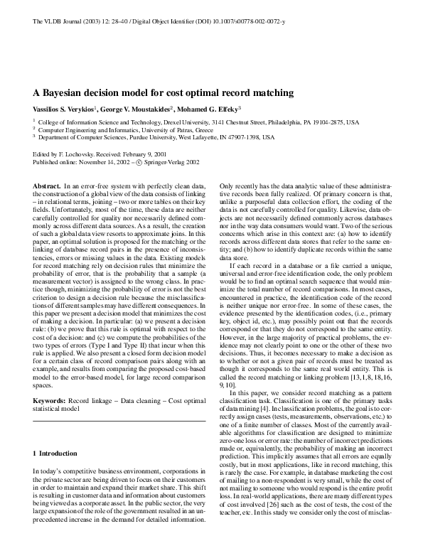 (PDF) A Bayesian decision model for cost optimal record matching