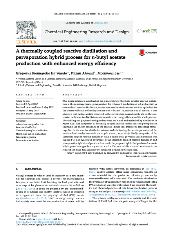 Pdf A Thermally Coupled Reactive Distillation And Pervaporation Hybrid Process For N Butyl