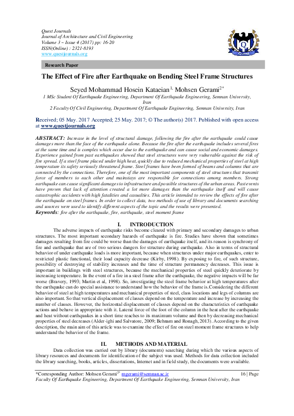 (PDF) The Effect of Fire after Earthquake on Bending Steel Frame Structures