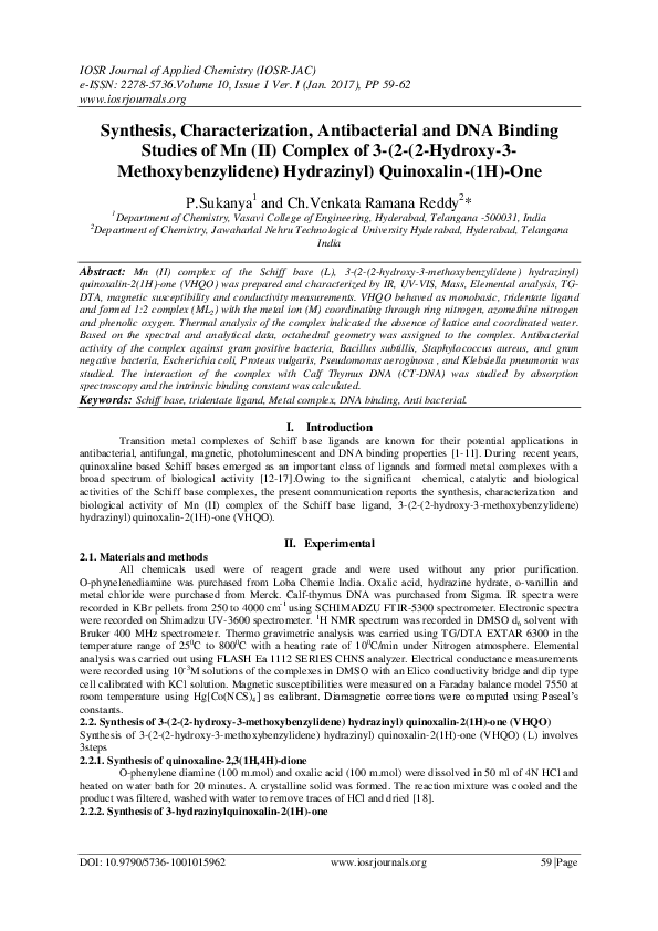 (PDF) Synthesis, Characterization, Antibacterial and DNA Binding Studies of Mn (II) Complex of 3 ...