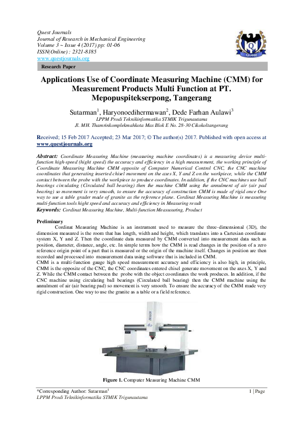 (PDF) Applications Use of Coordinate Measuring Machine (CMM) for Measurement Products Multi ...