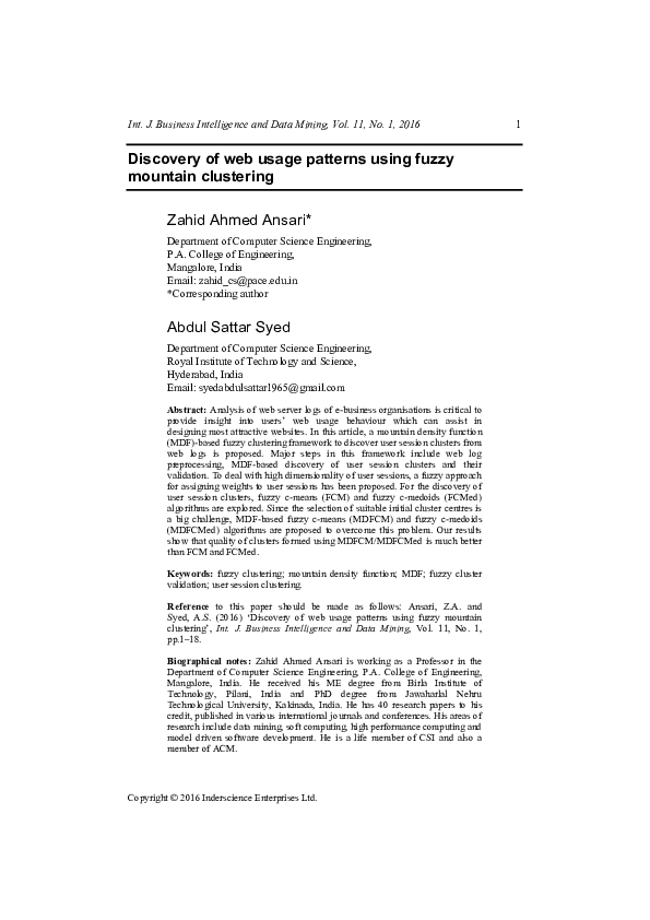 (PDF) Discovery of web usage patterns using fuzzy mountain clustering