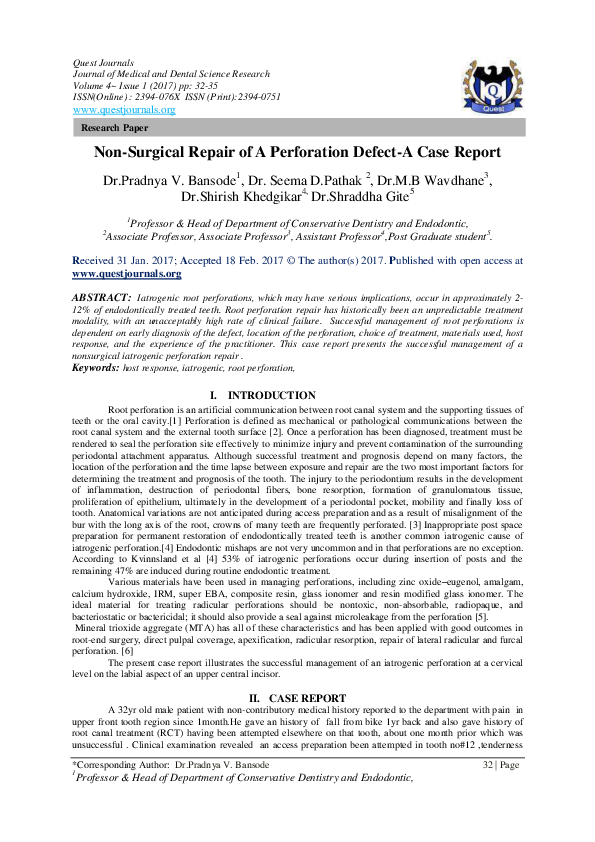 (PDF) Non-Surgical Repair of A Perforation Defect-A Case Report | QUEST ...