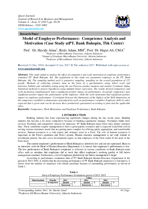 (PDF) Model of Employee Performance: Competence Analysis and Motivation ...