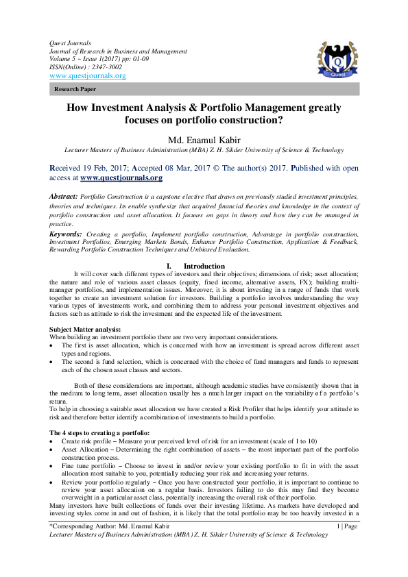 (PDF) How Investment Analysis & Portfolio Management greatly focuses on ...