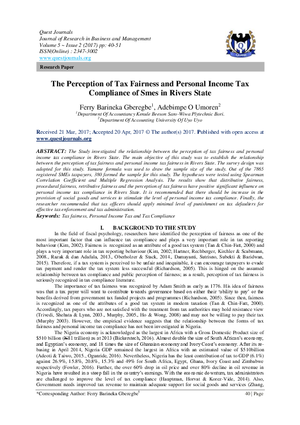 (PDF) The Perception of Tax Fairness and Personal Income Tax Compliance ...