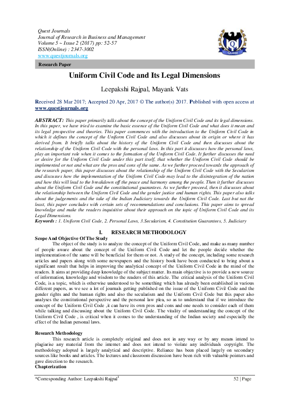 (PDF) Uniform Civil Code and Its Legal Dimensions
