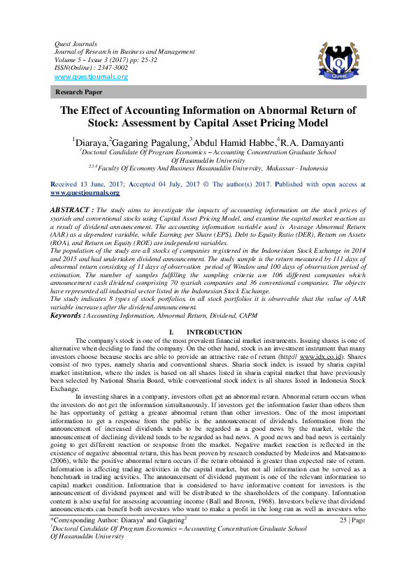 Pdf The Effect Of Accounting Information On Abnormal Return Of Stock Assessment By Capital