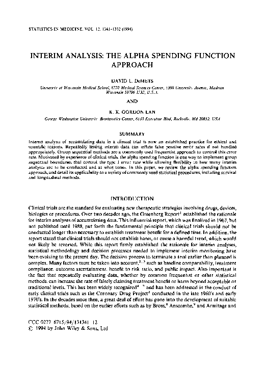 (PDF) INTERIM ANALYSIS: THE ALPHA SPENDING FUNCTION APPROACH