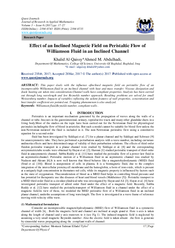 (PDF) Effect of an Inclined Magnetic Field on Peristaltic Flow of Williamson Fluid in an ...