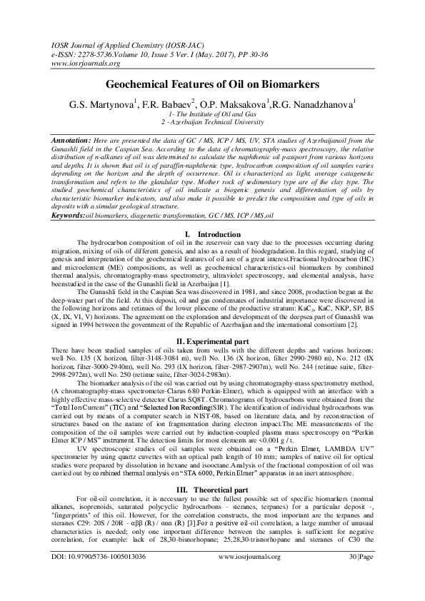 (PDF) Geochemical Features of Oil on Biomarkers