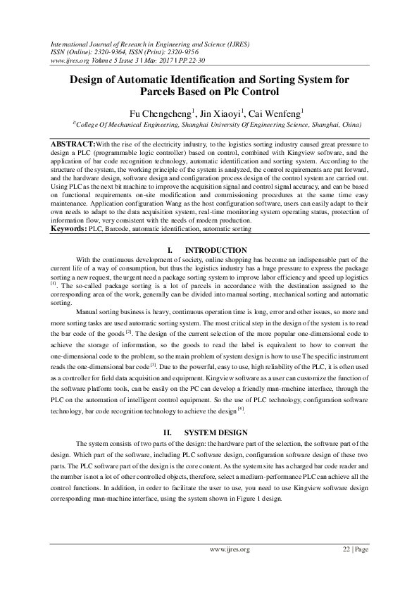 Pdf Design Of Automatic Identification And Sorting System For Parcels Based On Plc Control