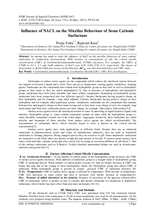 Pdf Influence Of Nacl On The Micellar Behaviour Of Some Cationic