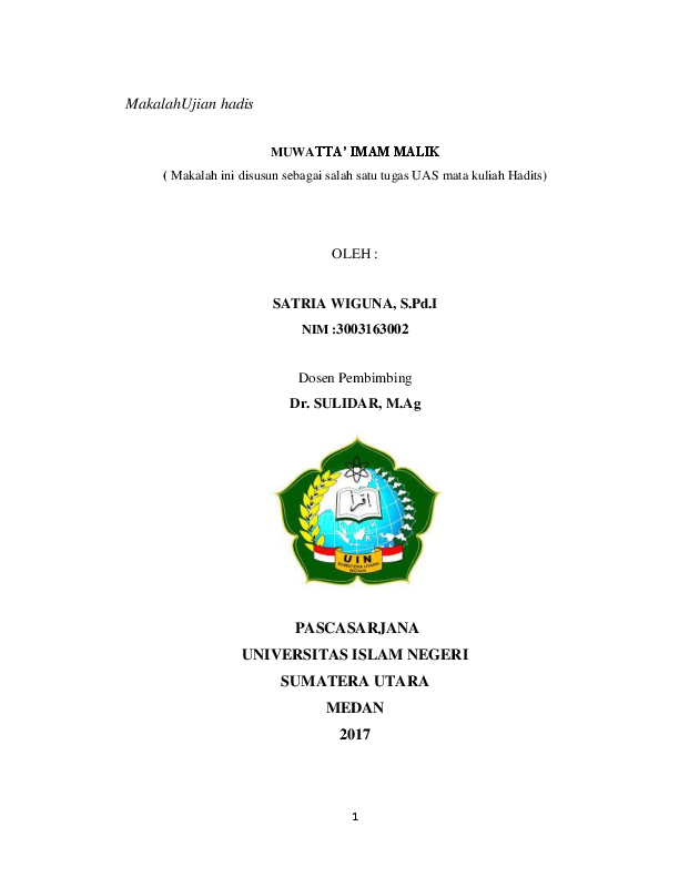 (DOC) KITAB MUWATTA' IMAM MALIK, PEMAKALAH SATRIA WIGUNA.docx