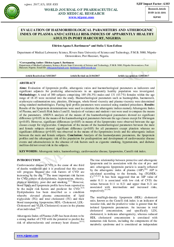 (PDF) EVALUATION OF HAEMORHEOLOGICAL PARAMETERS AND ATHEROGENIC INDEX ...