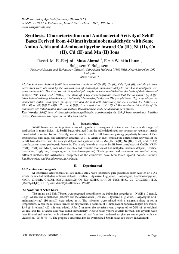 (PDF) Synthesis, Characterization and Antibacterial Activityof Schiff Bases Derived from 4 ...
