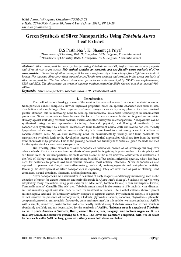 (PDF) Green Synthesis of Silver Nanoparticles Using Tabebuia Aurea Leaf Extract