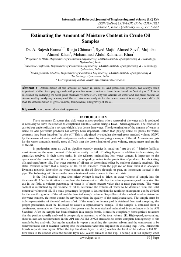 (PDF) Estimating the Amount of Moisture Content in Crude Oil Samples