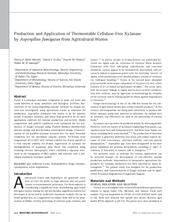 (PDF) Production and Application of Thermostable Cellulase-Free Xylanase by Aspergillus ...