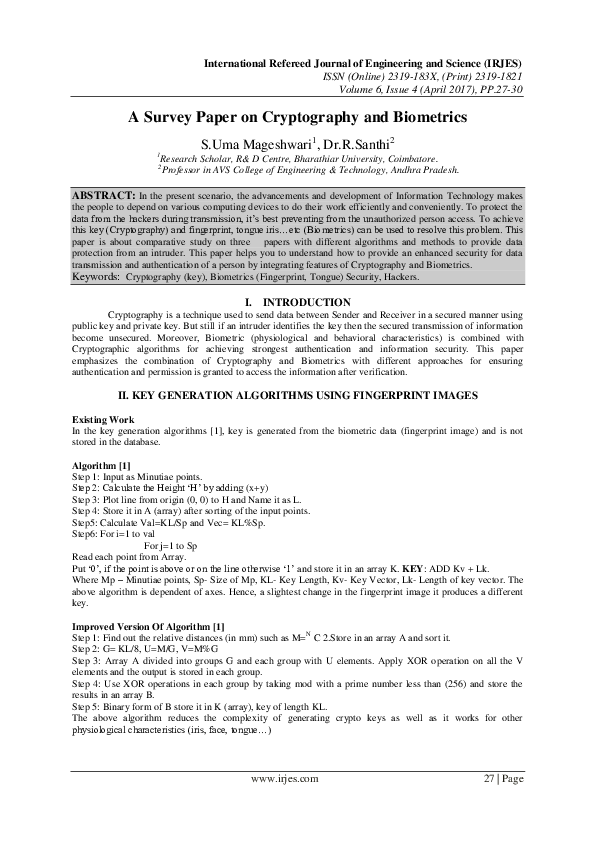 (PDF) A Survey Paper on Cryptography and Biometrics