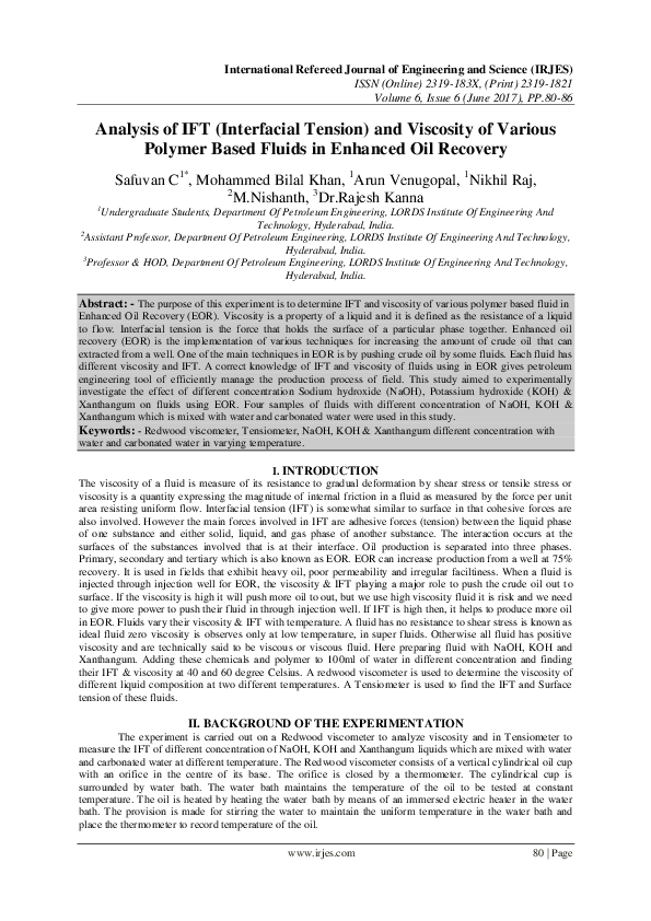 Analysis of IFT (Interfacial Tension) and Viscosity of Various Polymer ...