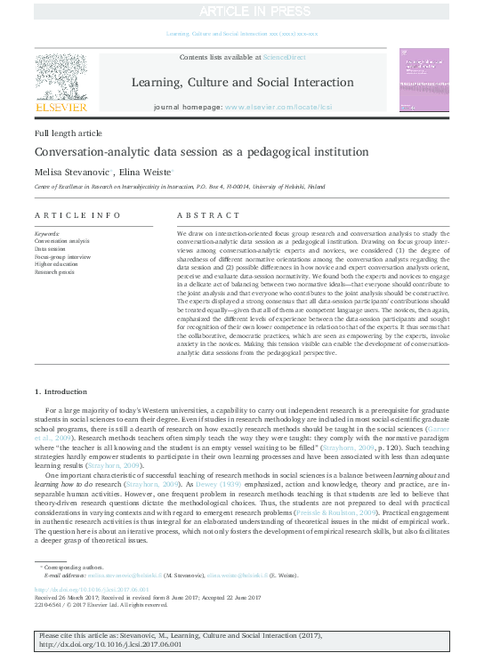 (PDF) Conversation-analytic data session as a pedagogical institution