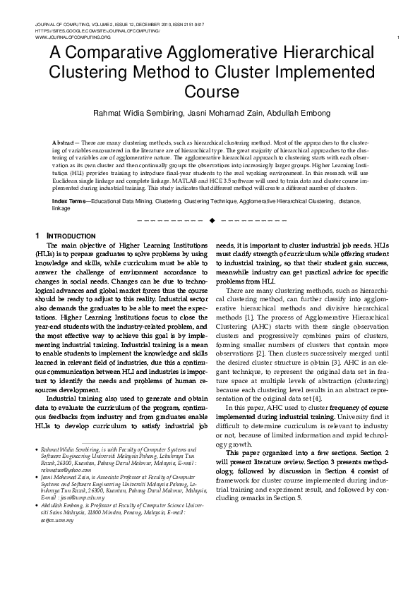 Pdf A Comparative Agglomerative Hierarchical Clustering Method To