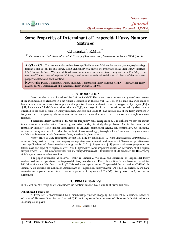 (PDF) Some Properties of Determinant of Trapezoidal Fuzzy Number Matrices
