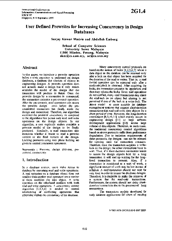 Pdf User Defined Prewrites For Increasing Concurrency In Design Databases