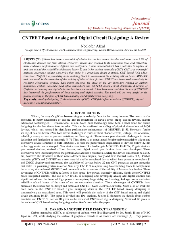Pdf Cntfet Based Analog And Digital Circuit Designing A Review Ijmer Journal