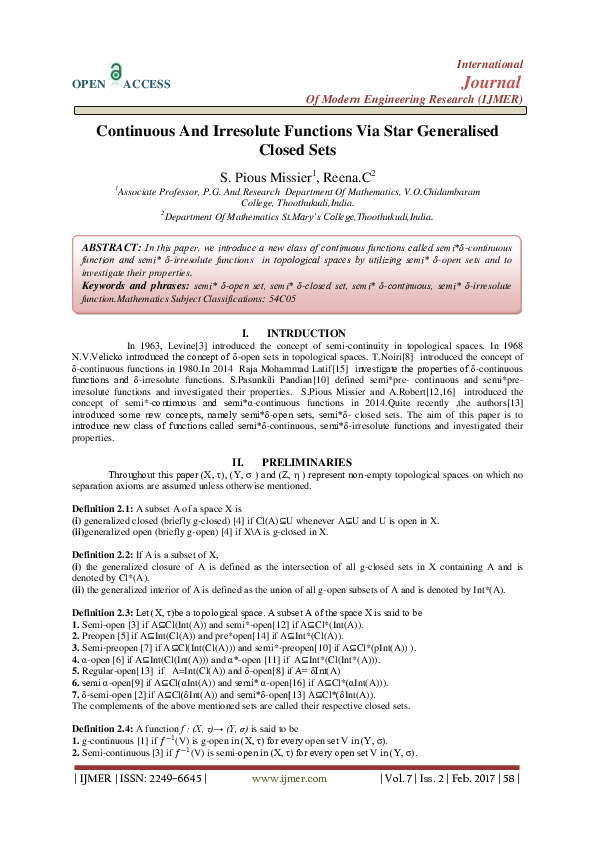 (PDF) Continuous And Irresolute Functions Via Star Generalised Closed Sets