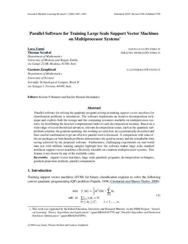Pdf Parallel Software For Training Large Scale Support Vector Machines On Multiprocessor Systems 6966