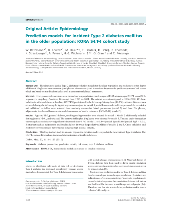 (PDF) Prediction models for incident Type 2 diabetes mellitus in the ...