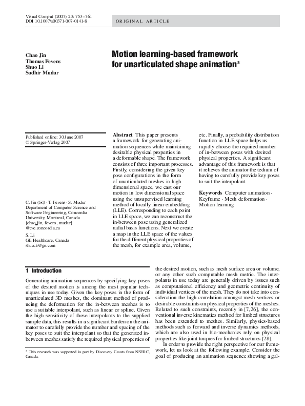 (PDF) Motion learning-based framework for unarticulated shape animation