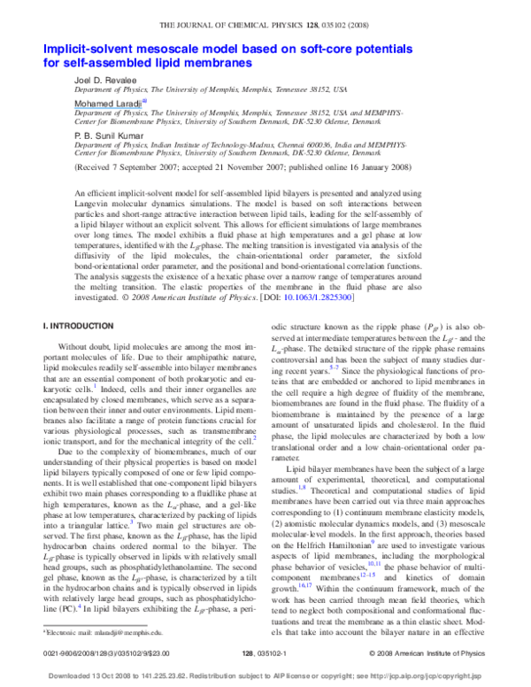 (PDF) Implicit-solvent mesoscale model based on soft-core potentials for self-assembled lipid ...