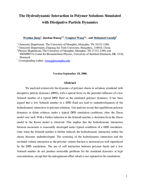 Pdf Hydrodynamic Interaction In Polymer Solutions Simulated With Dissipative Particle Dynamics