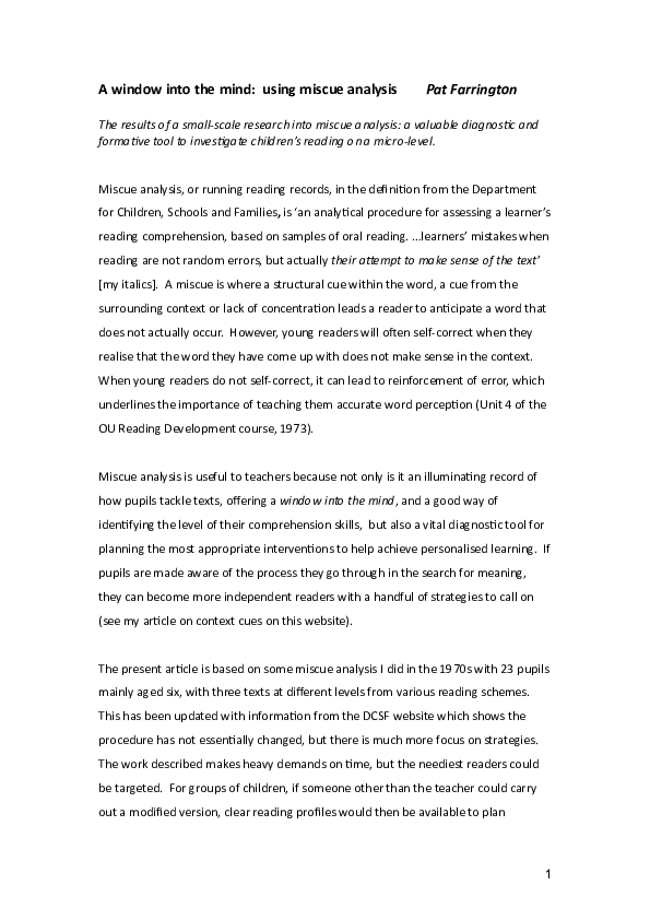 (DOC) Miscue Analysis - A window into the mind.doc