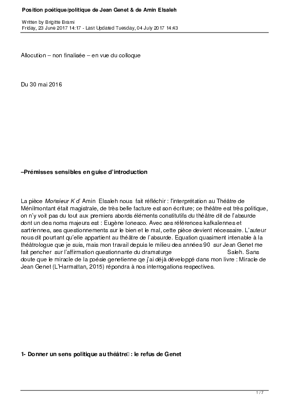 (PDF) Position poétique/politique de Jean Genet & de Amin Elsaleh par ...