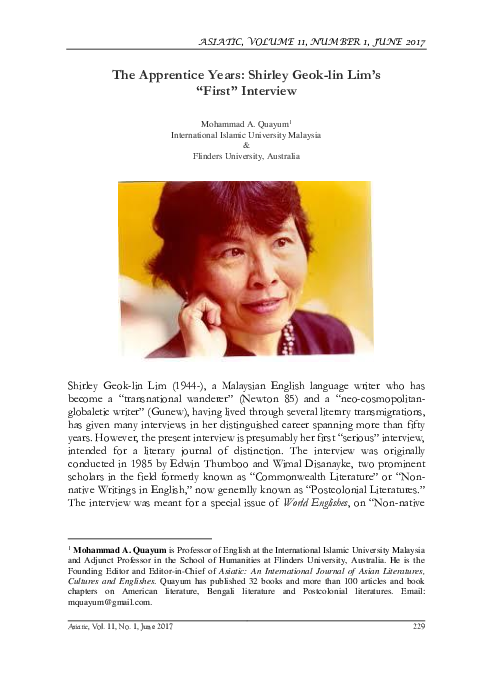 (PDF) The Apprentice Years: Shirley Geok-lin Lim's " First " Interview