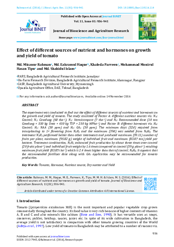 Pdf Effect Of Different Sources Of Nutrient And Hormones On Growth