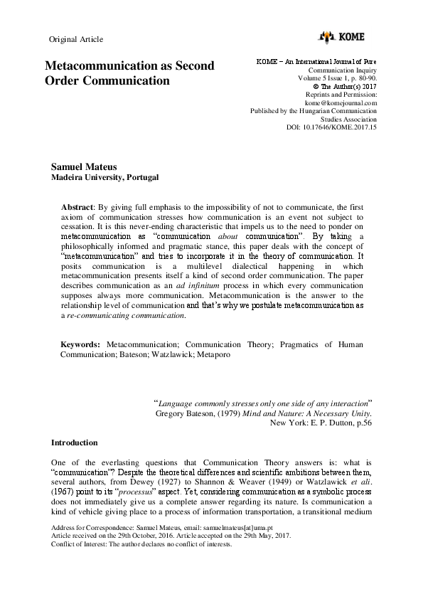 (PDF) MetaCommunication as Second Order Communication