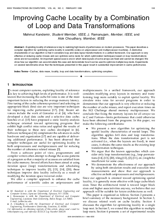 (PDF) Improving cache locality by a combination of loop and data transformations