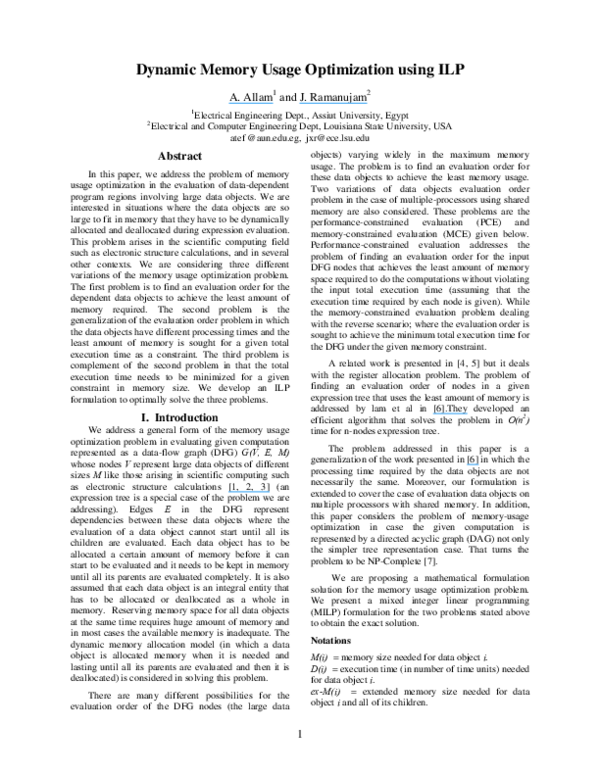 Pdf Dynamic Memory Usage Optimization Using Ilp
